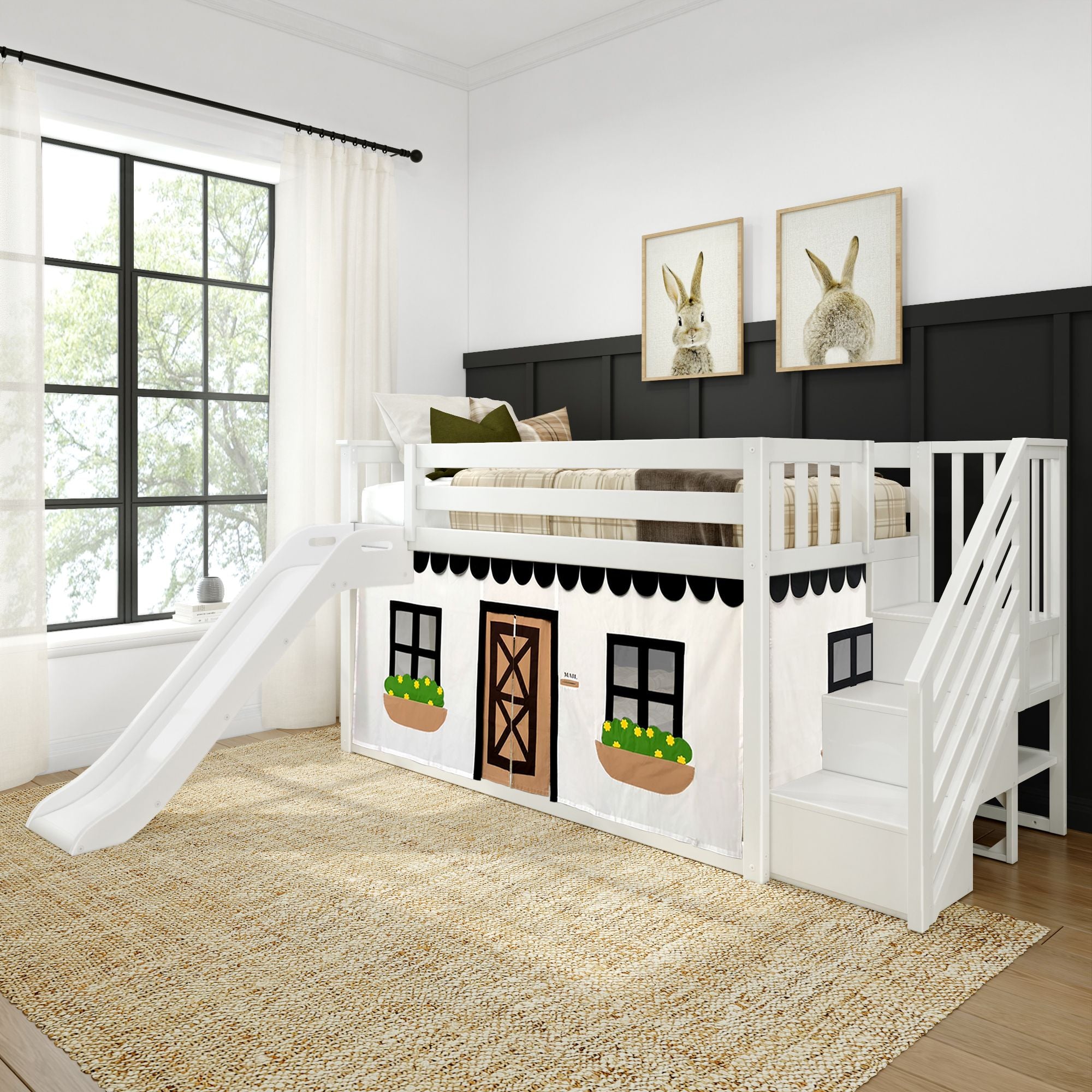Twin Over Twin Low Bunk Bed with Stairs Easy Slide Black White Farmhouse Curtain